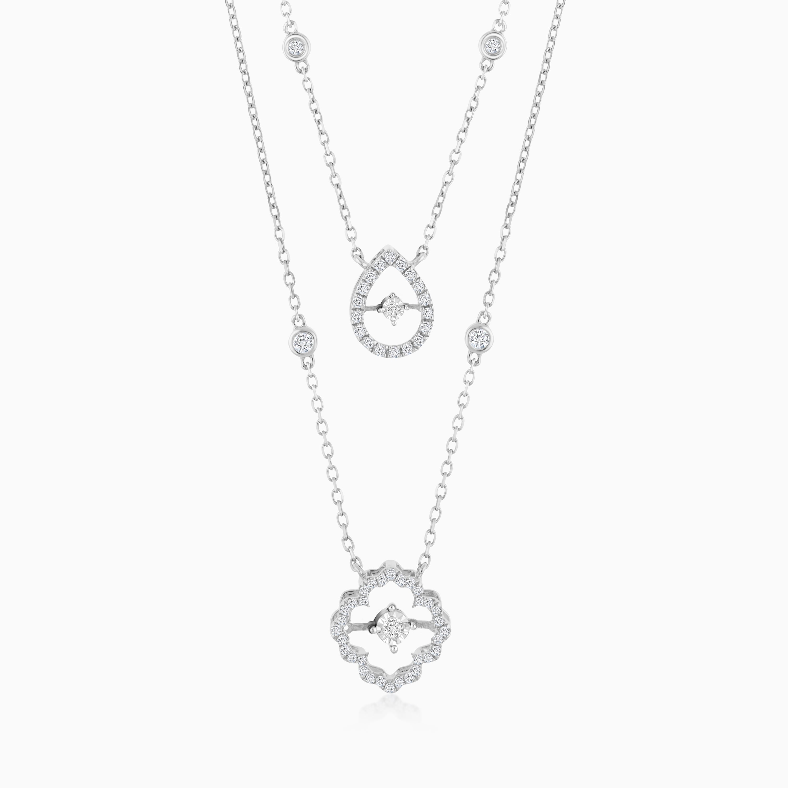 18K White Gold Two-Layer Necklace with Flower & Drop Design | Dancing ...